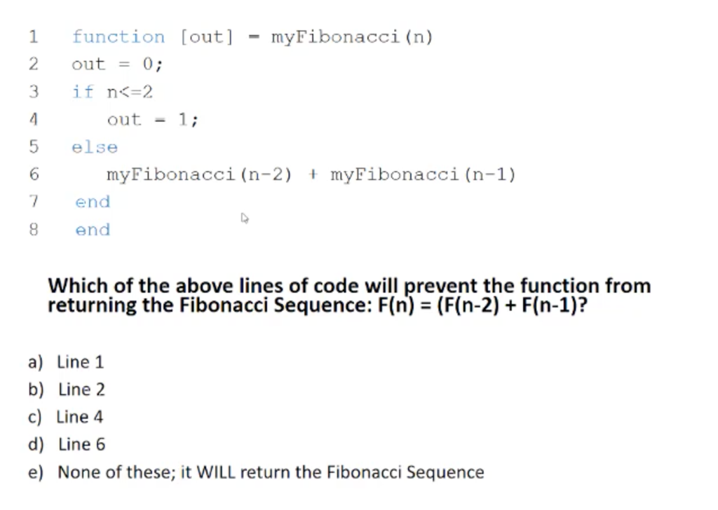 Solved 1 function [out] - myFibonacci (n) out = 0; out- 1; 5 | Chegg.com