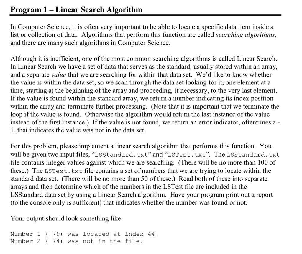 Program 1- Linear Search Algorithm In Computer | Chegg.com