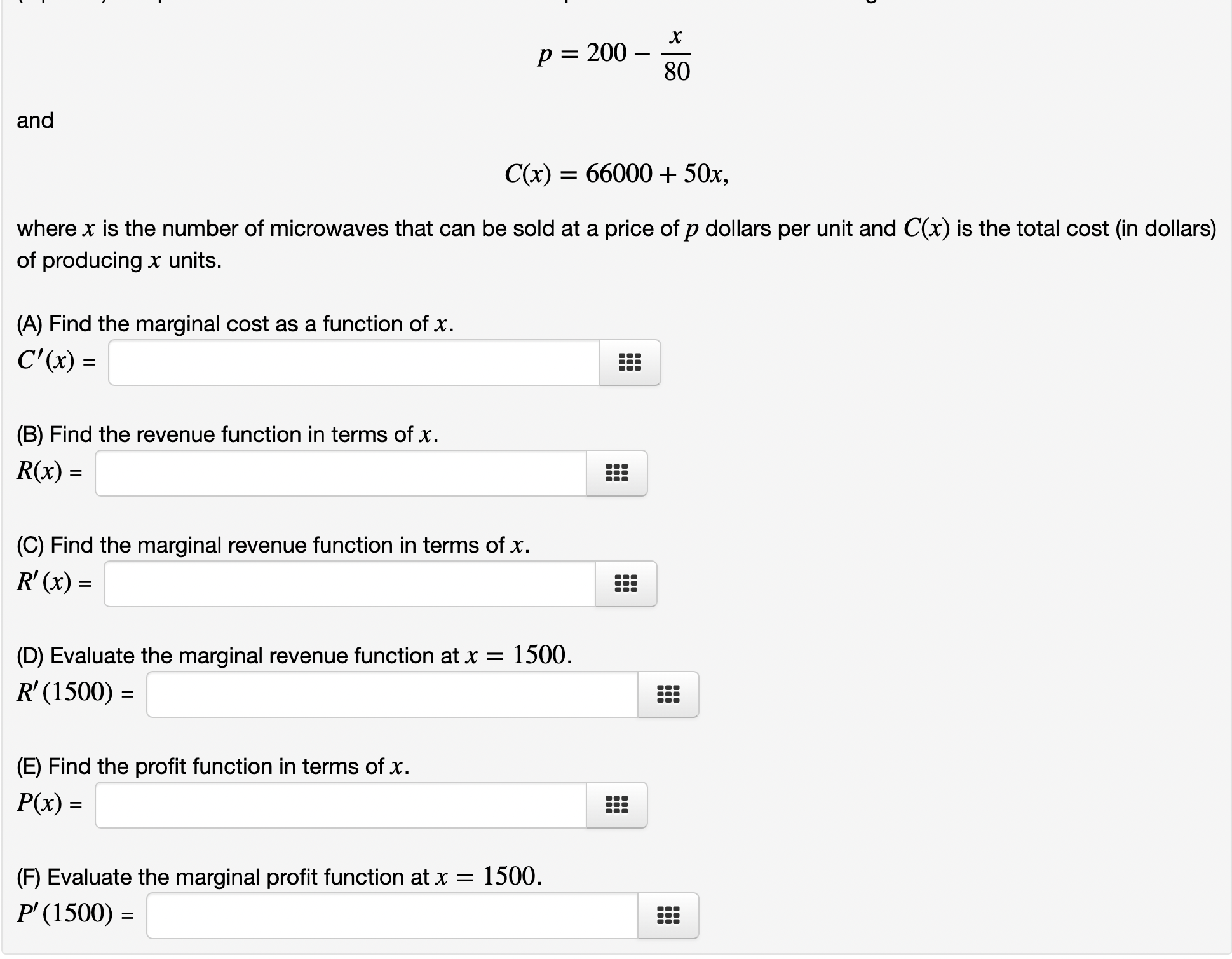 Solved p=200-x80andC(x)=66000+50x,where x ﻿is the number of | Chegg.com