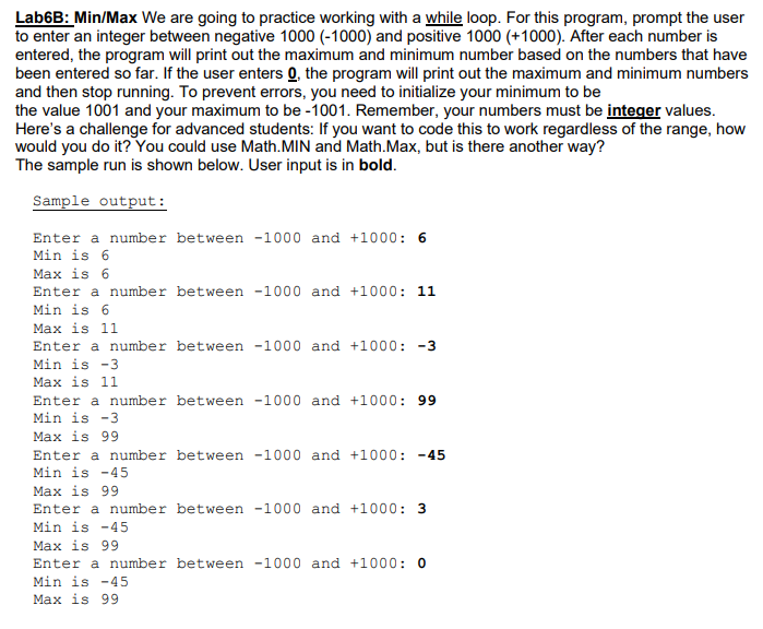 Solved Lab6B: Min/Max We are going to practice working with | Chegg.com