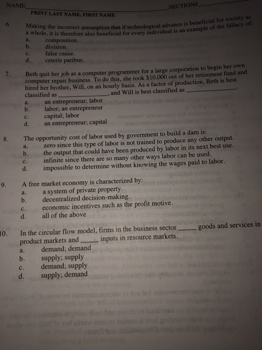 Solved NAME SECTION PRINT LAST NAME, FIRST NAME ECONOMIC | Chegg.com