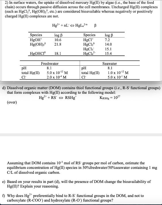 2) In surface waters, the uptake of dissolved mercury | Chegg.com
