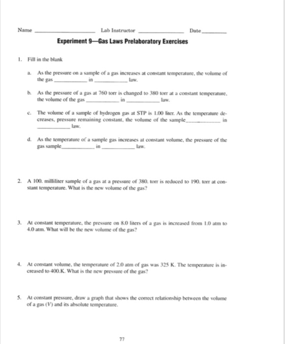 Solved Name Lab Instructor Date Experiment 9 Gas Laws