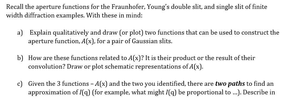 Solved Recall the aperture functions for the Fraunhofer, | Chegg.com