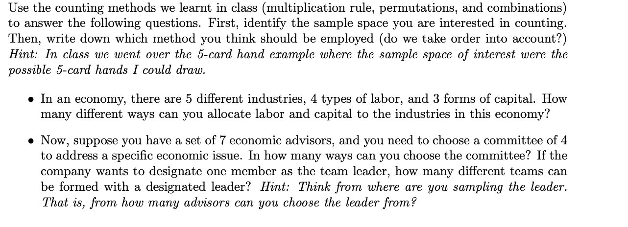 Solved Use the counting methods we learnt in class | Chegg.com