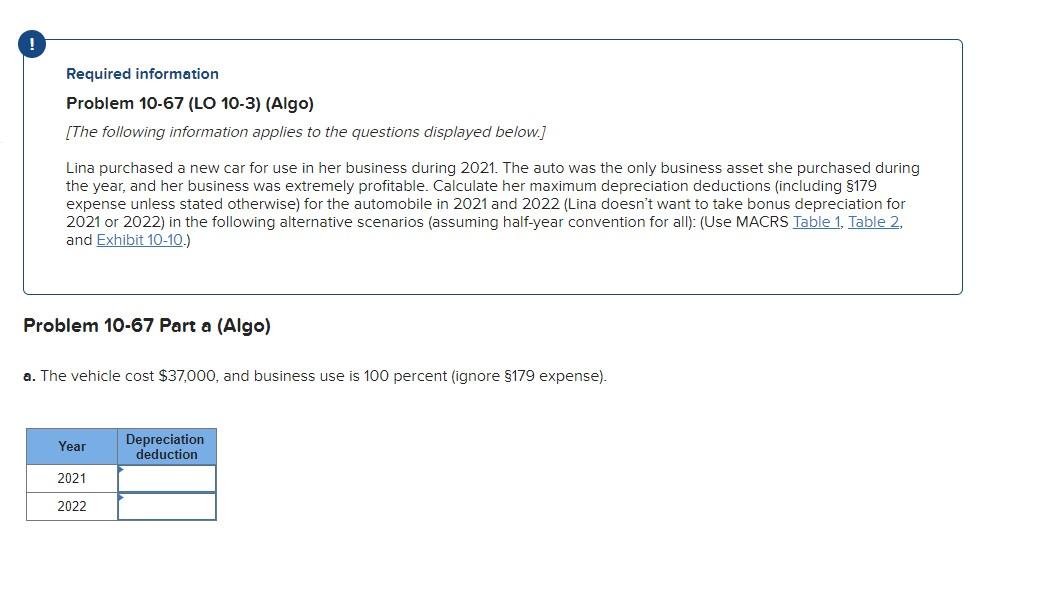 Solved Required information Problem 10-67 (LO 10-3) (Algo) | Chegg.com