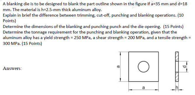 Solved A blanking die is to be designed to blank the part | Chegg.com