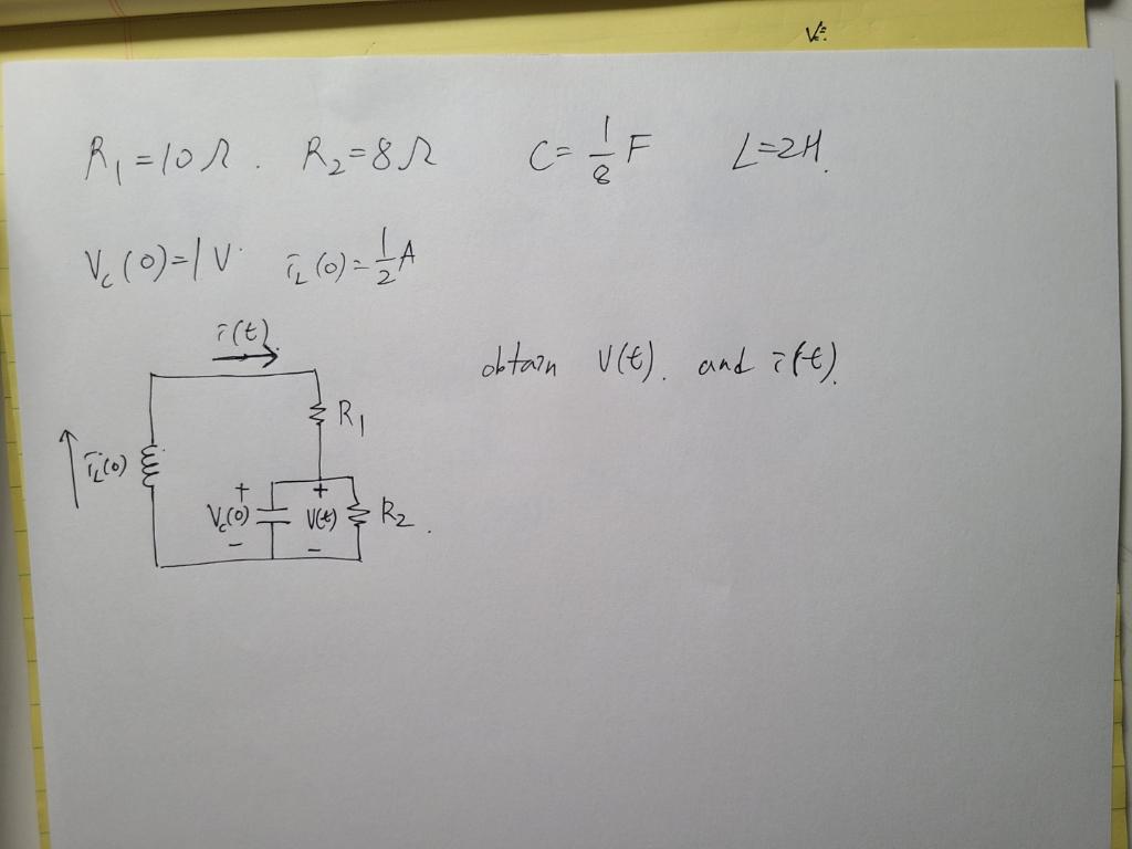 Solved (= 1 F 하 L=2H Vc (0)=1v. Ri=10r. R2=85 O)(0) LA ( | Chegg.com