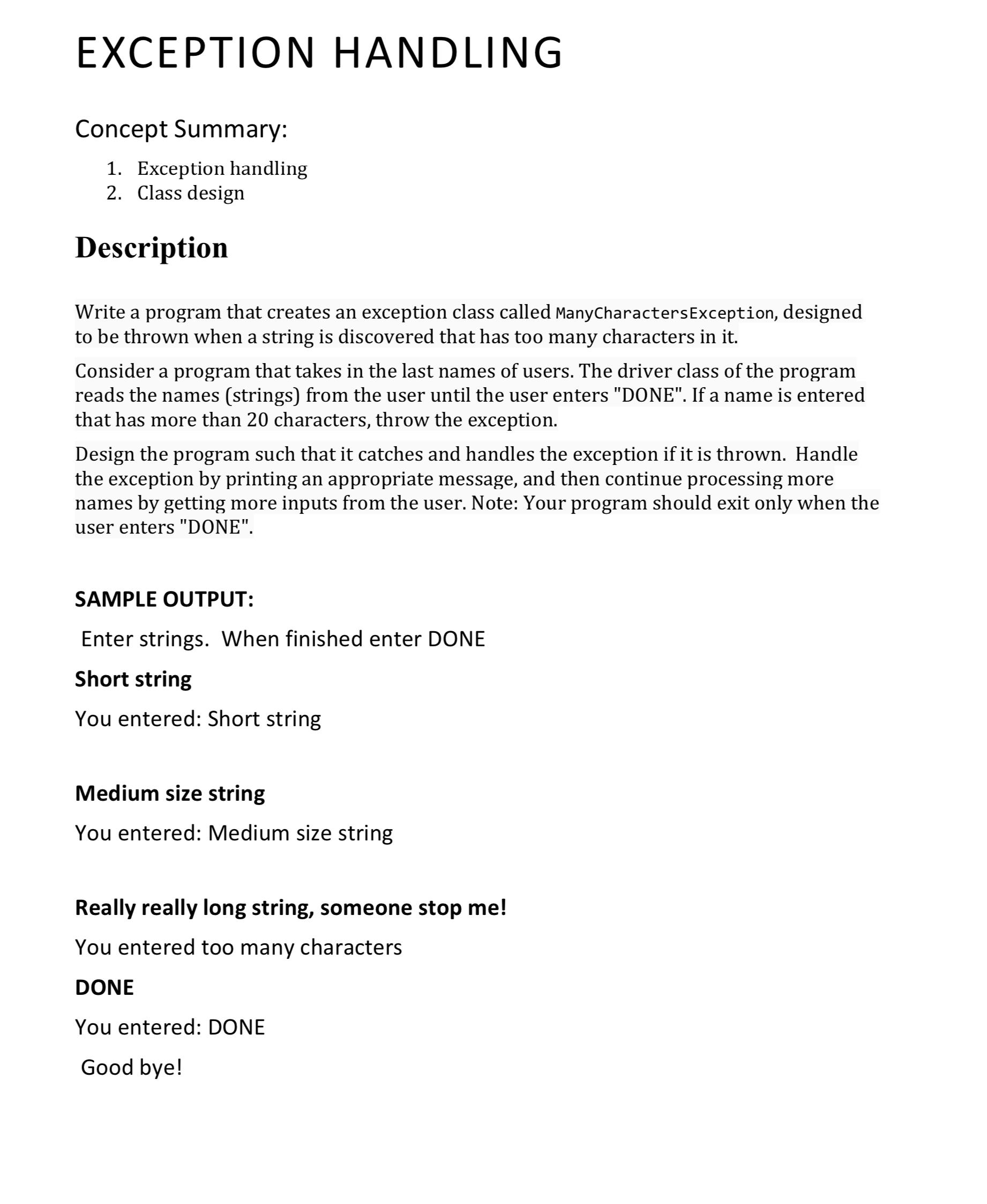 Solved EXCEPTION HANDLING Concept Summary: 1. Exception | Chegg.com