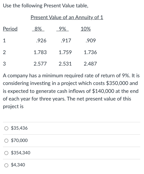 Solved Use the following Present Value table, Present Value | Chegg.com