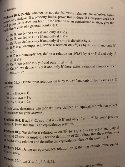 Solved 1o Relations Problem 10.2. Decide metric, or t hold, | Chegg.com