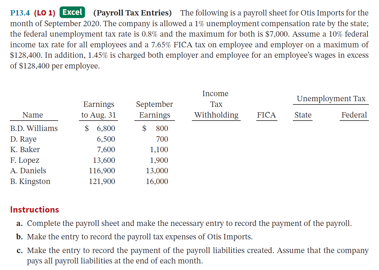 Solved P13.4 (LO 1) Excel (Payroll Tax Entries) The | Chegg.com