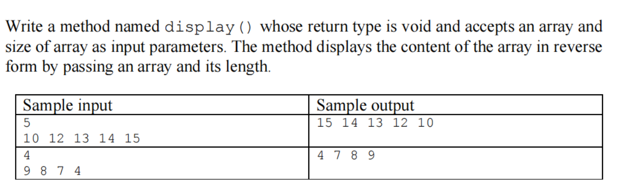 Solved Write a method named display () whose return type is | Chegg.com