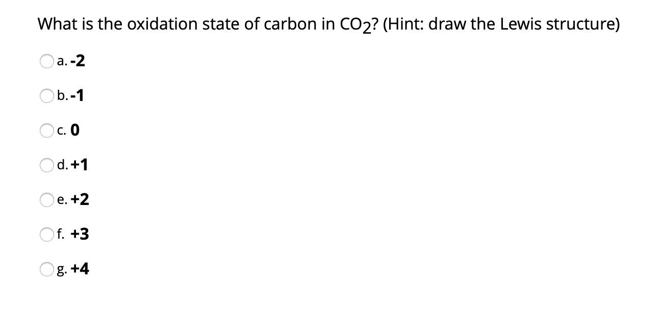 Solved What is the oxidation state of carbon in CO2? (Hint: | Chegg.com