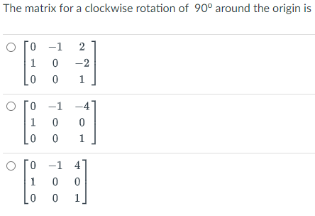 Solved Select the matrix which performs a rotation of 90° | Chegg.com