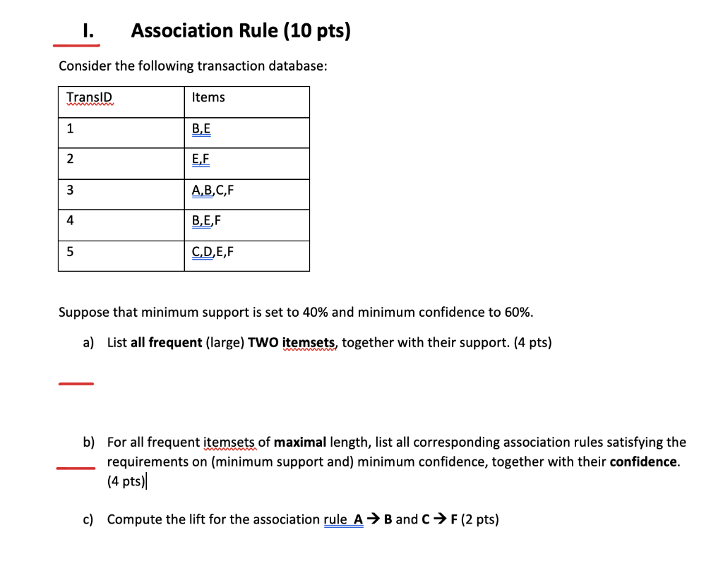 Solved 1. Association Rule (10 pts) Consider the following | Chegg.com