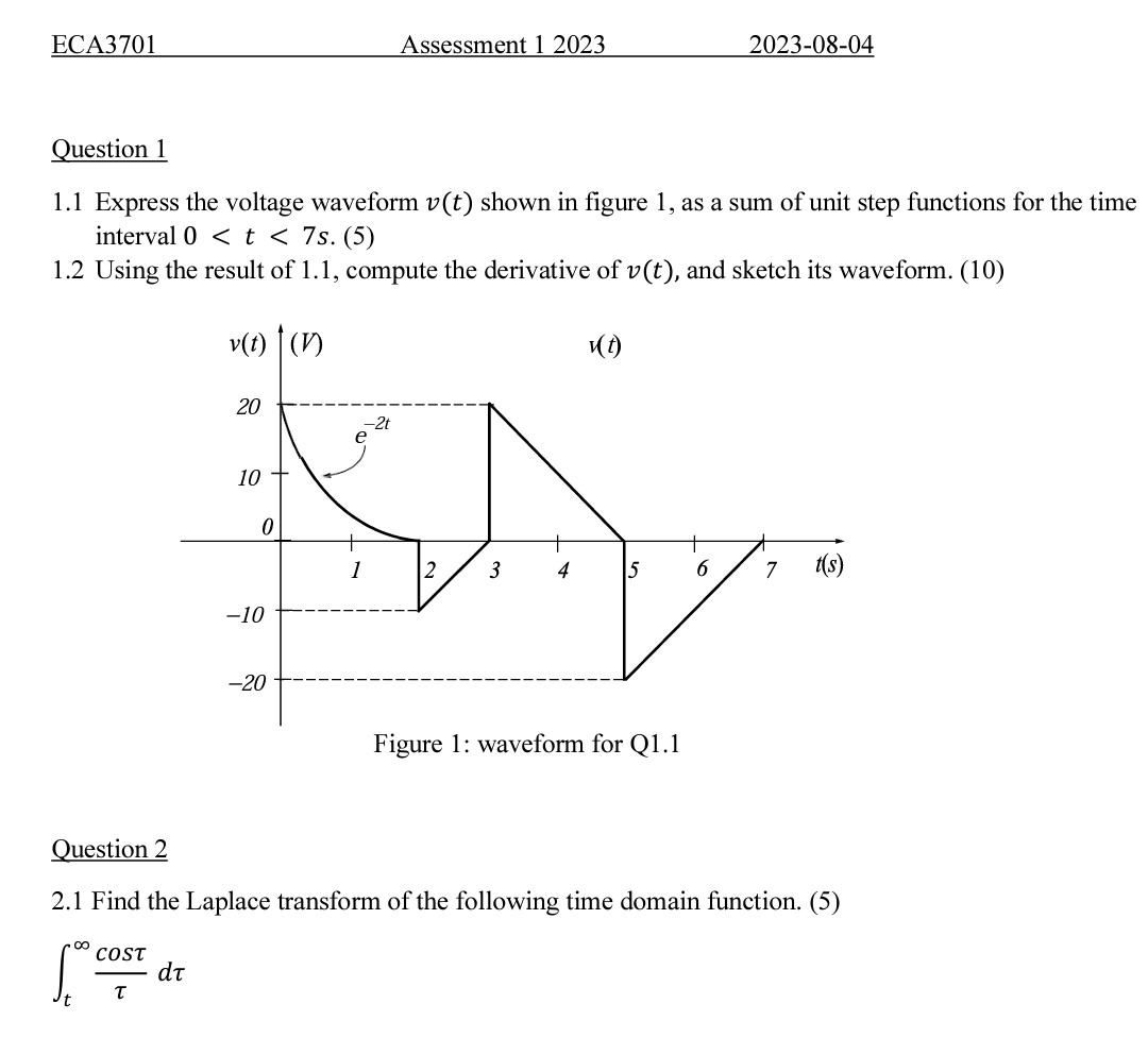Solved Question 2 2.1 Find the Laplace transform of the | Chegg.com
