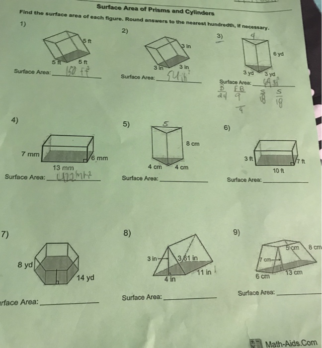 Surface Areas Of Prisms And Cylinders Worksheets Surface Area