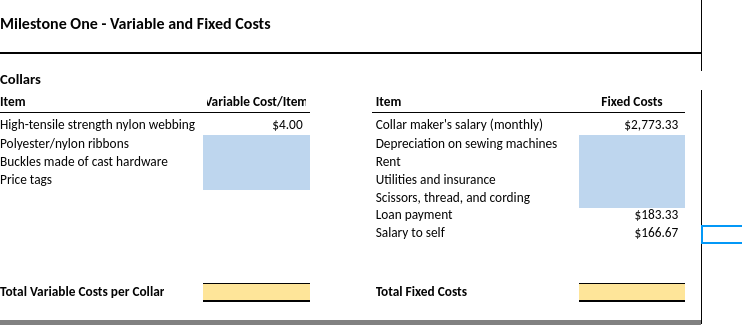 Milestone One - Variable and Fixed CostsHarnesses | Chegg.com