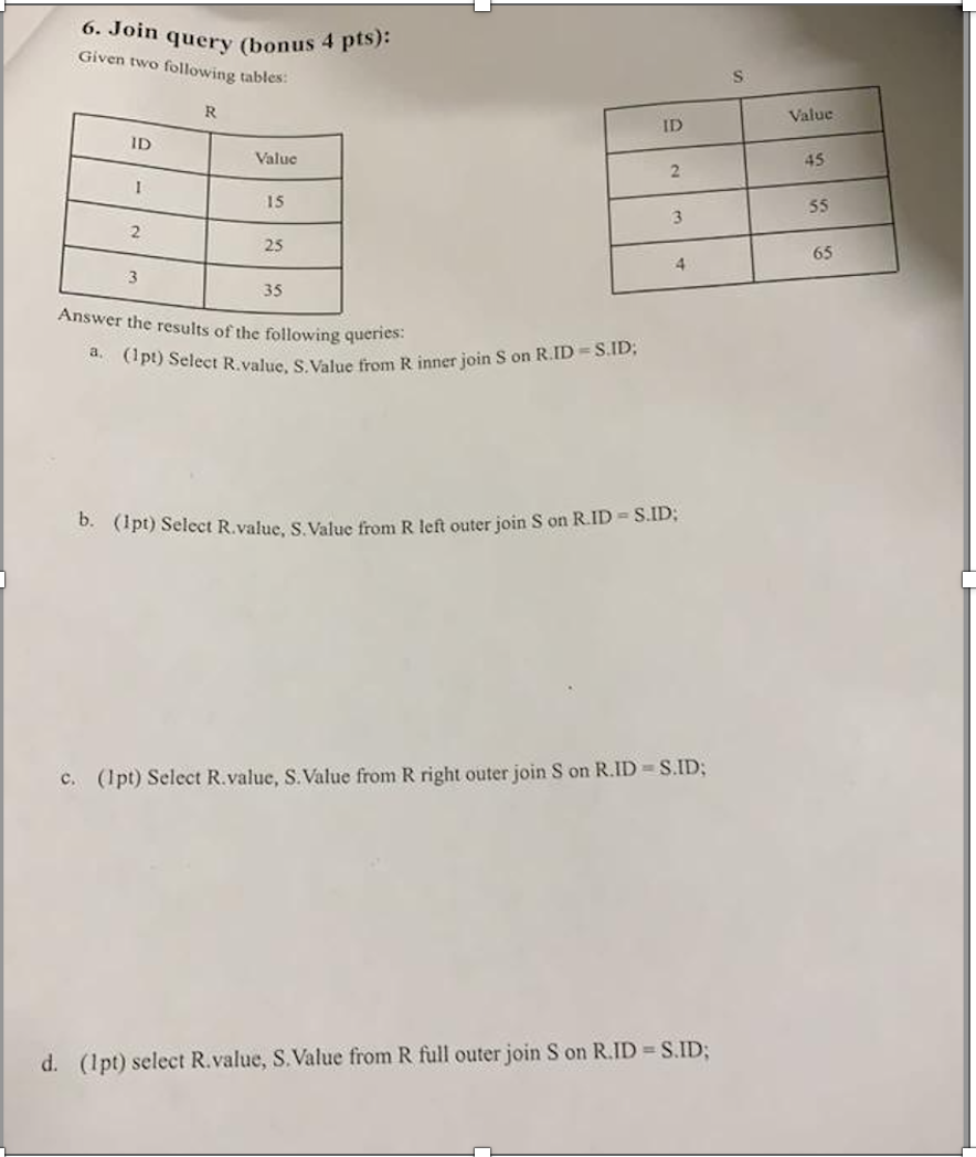 Solved 6. Join query (bonus 4 pts): Given two following | Chegg.com