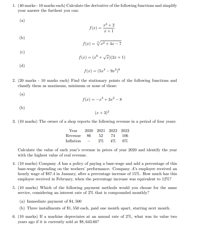 Solved 1. (40 marks - 10 marks each) Calculate the | Chegg.com