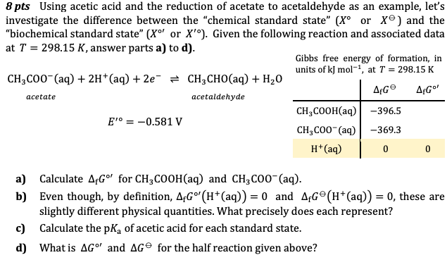 8 pts Using acetic acid and the reduction of acetate | Chegg.com