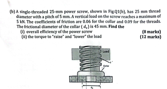 Solved (b) A single-threaded 25-mm power screw, shown in | Chegg.com
