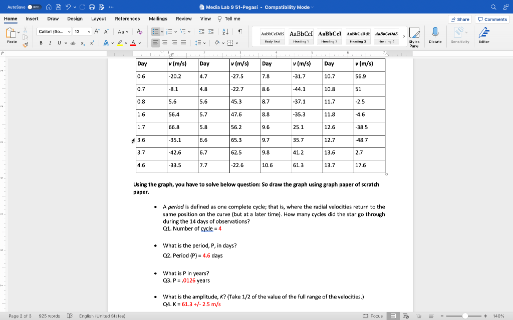 AutoSave OF AA 26... Media Lab 9 51-Pegasi - | Chegg.com