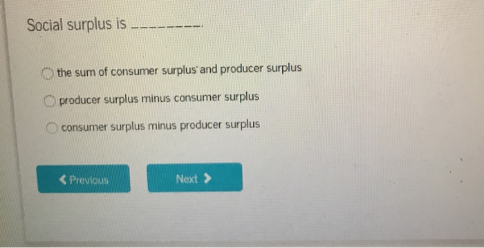 Solved Social surplus is 0 the sum of consumer surplus and | Chegg.com