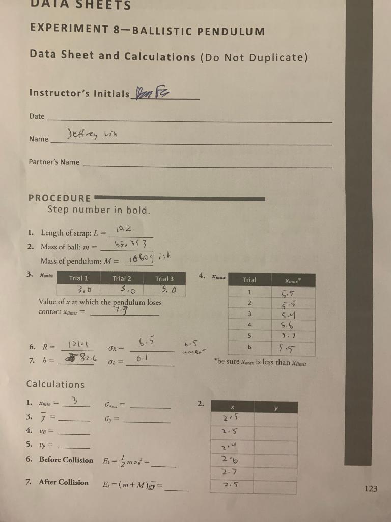 SHEETS EXPERIMENT 8-BALLISTIC PENDULUM Data Sheet and | Chegg.com
