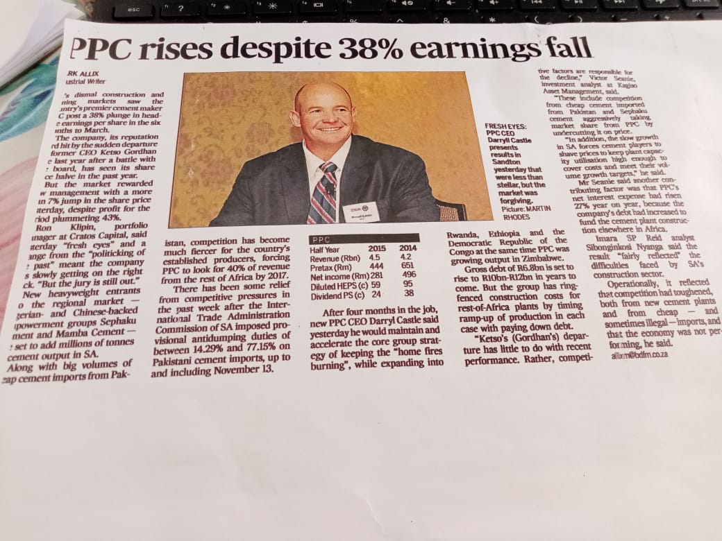 PPC rises despite 38% earnings fallQuestion 1 Themba | Chegg.com