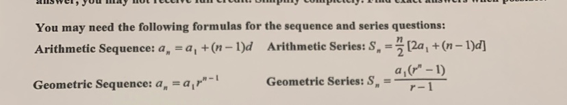 Solved You may need the following formulas for the sequence | Chegg.com