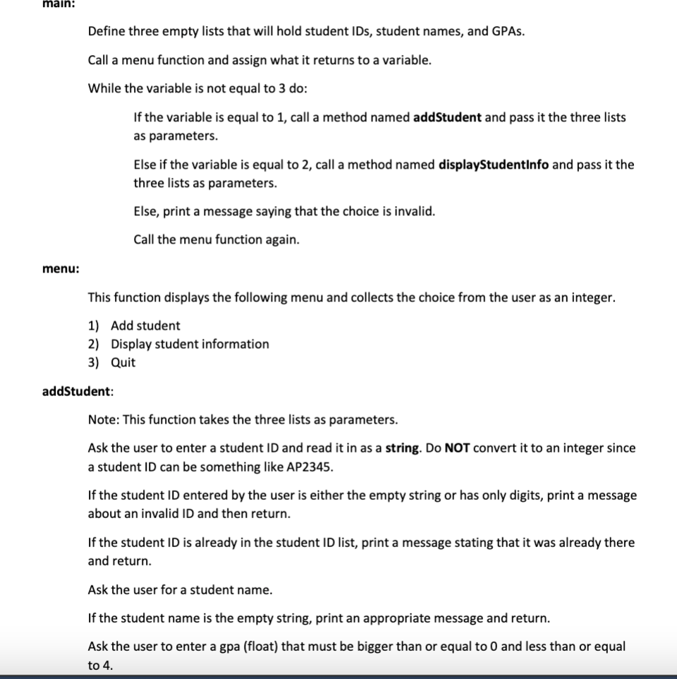 Solved Define three empty lists that will hold student IDs, | Chegg.com