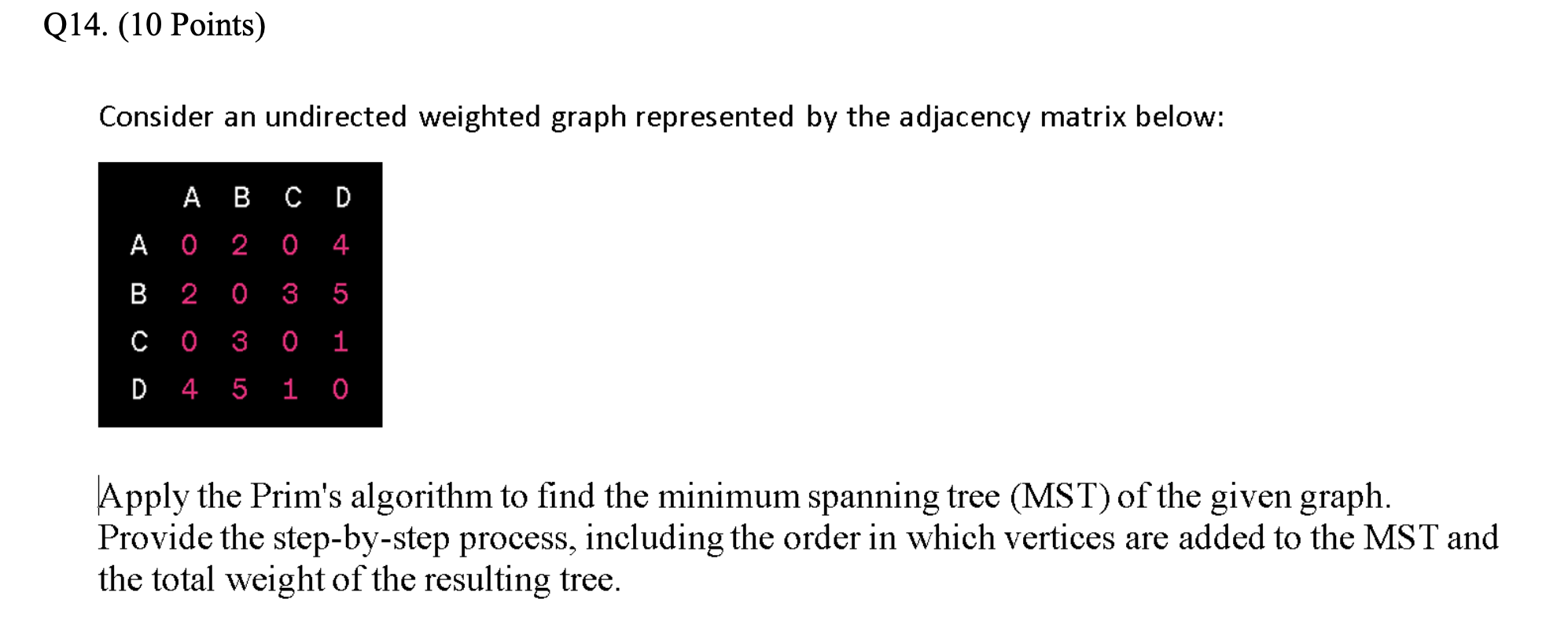 Solved Consider an undirected weighted graph represented by | Chegg.com