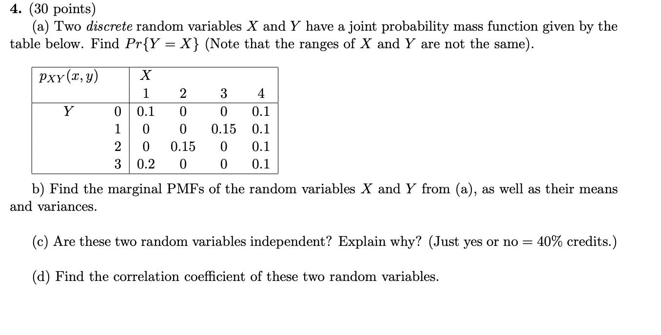 Solved 4. (30 points) (a) Two discrete random variables X | Chegg.com