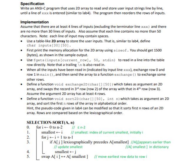 Solved Specification Write an ANSI-C program that uses 2D | Chegg.com