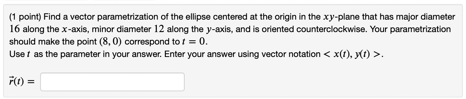Solved (1 point) Find a vector parametrization of the | Chegg.com