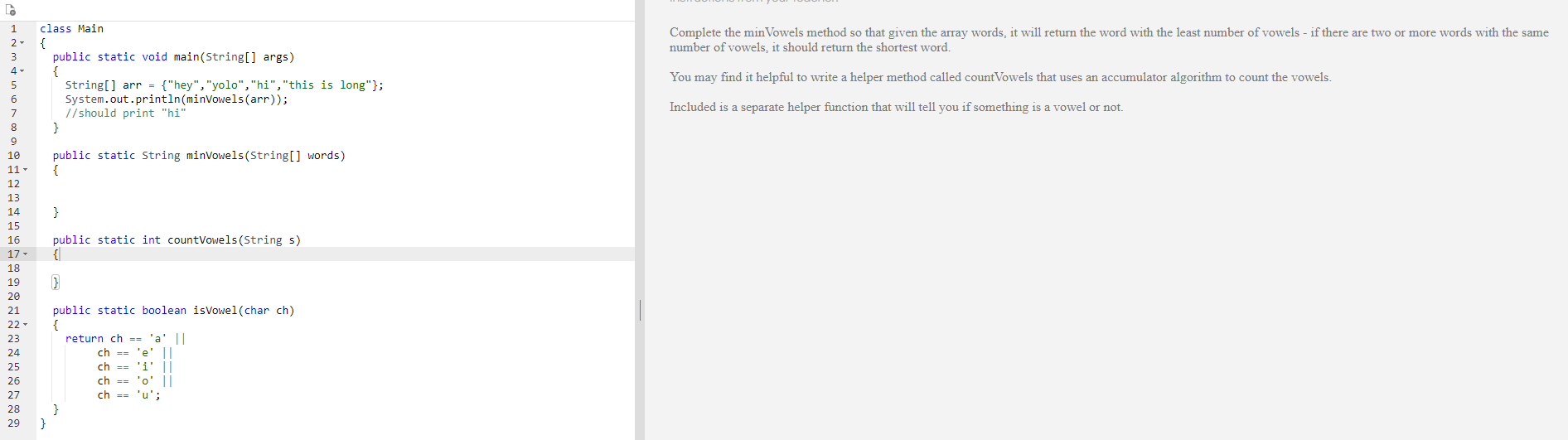 Solved class Main Complete the min Vowels method so that | Chegg.com