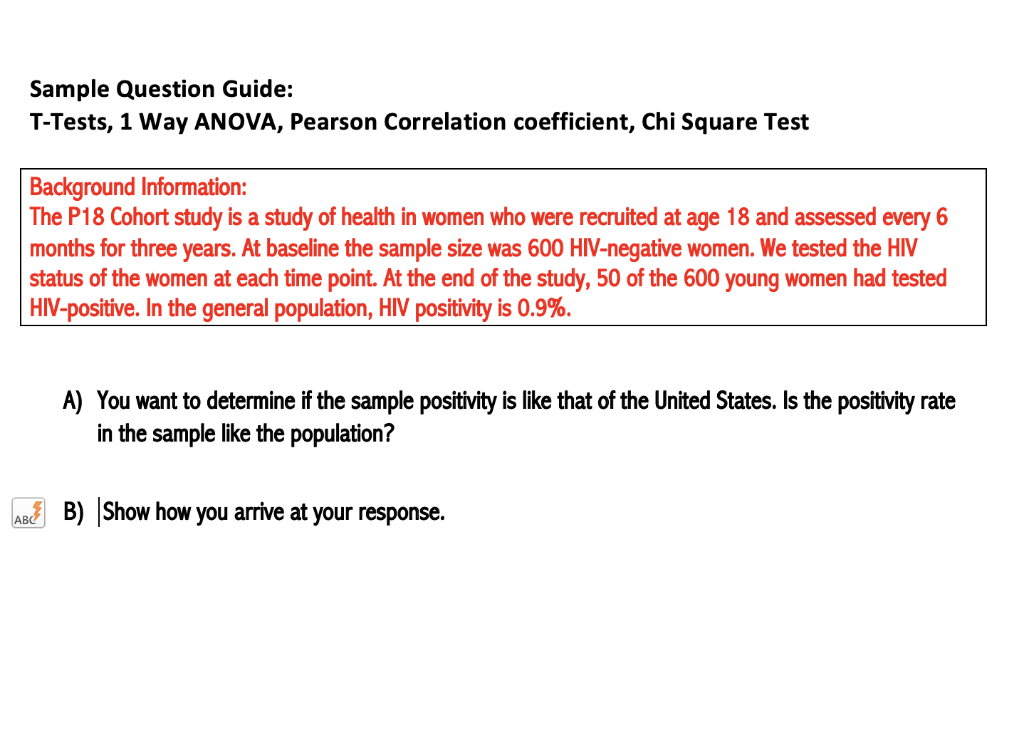 Solved Sample Question Guide: T-Tests, 1 Way ANOVA, Pearson | Chegg.com