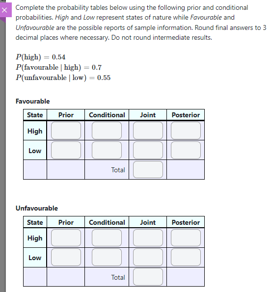 Solved x Complete the probability tables below using the | Chegg.com