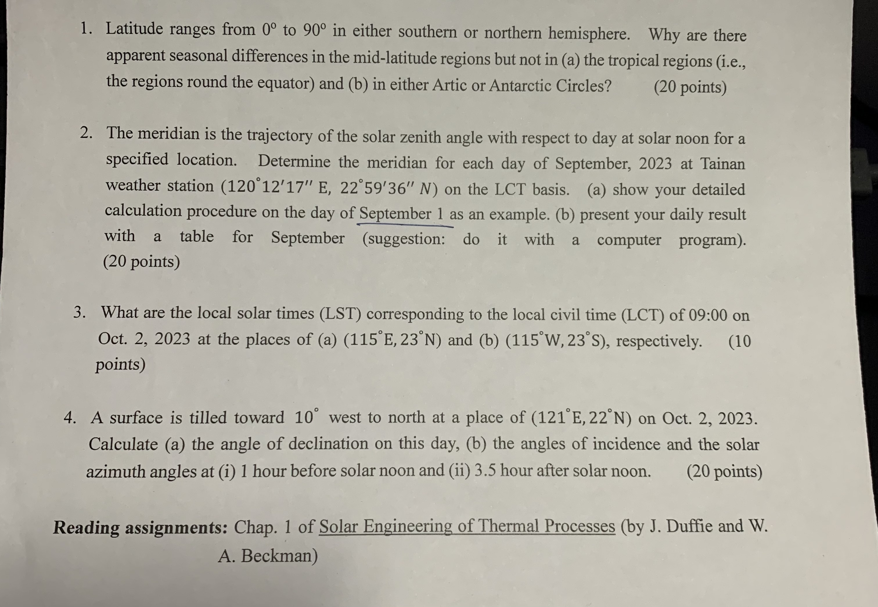 Solved The book reference: Solar Engineering of Thermal | Chegg.com