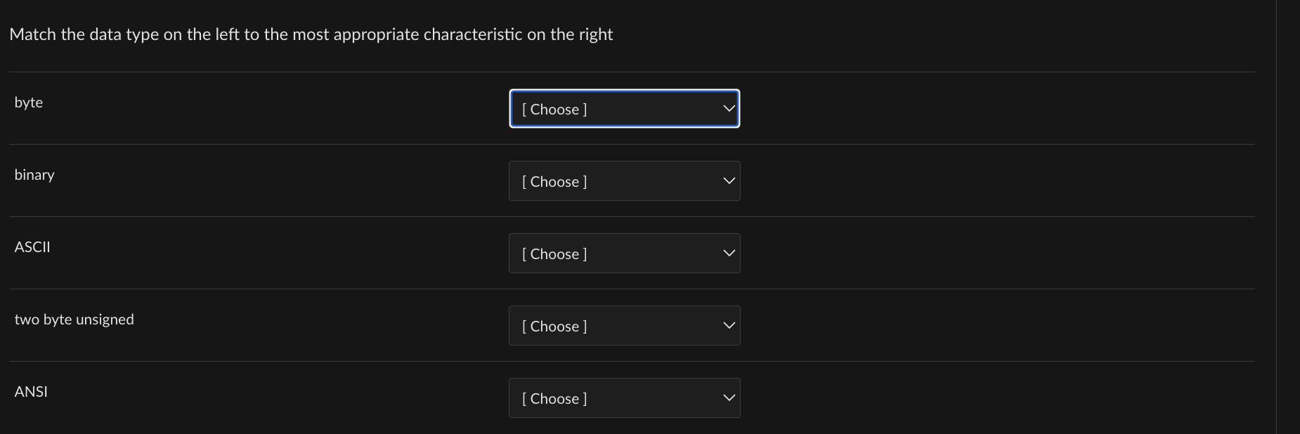Solved Match the data type on the left to the most | Chegg.com