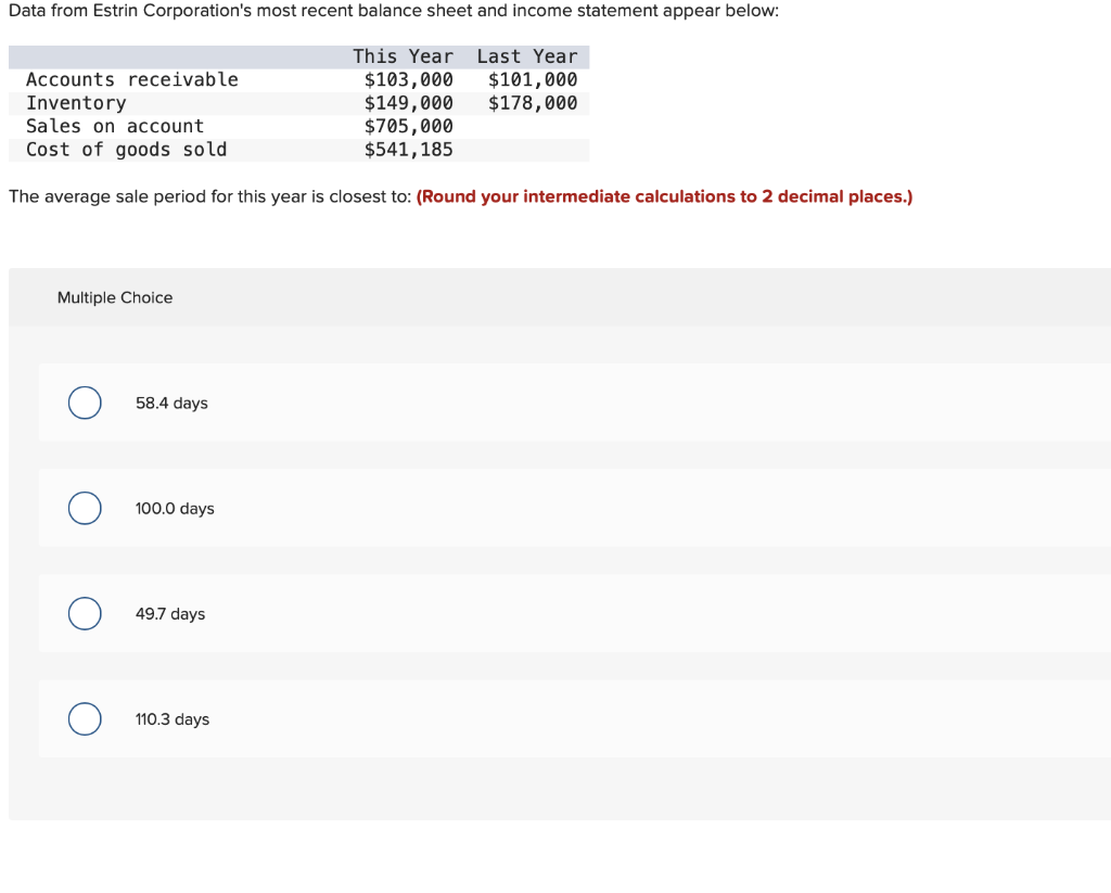 Solved The average sale period for this year is closest to: | Chegg.com