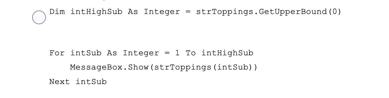 Solved lements with subscripts of 0 through 13 ? Dim intSub | Chegg.com