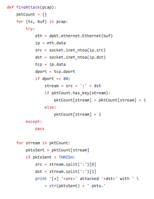 Solved def findAttack(pcap): pktCount- for (ts, buf) in | Chegg.com