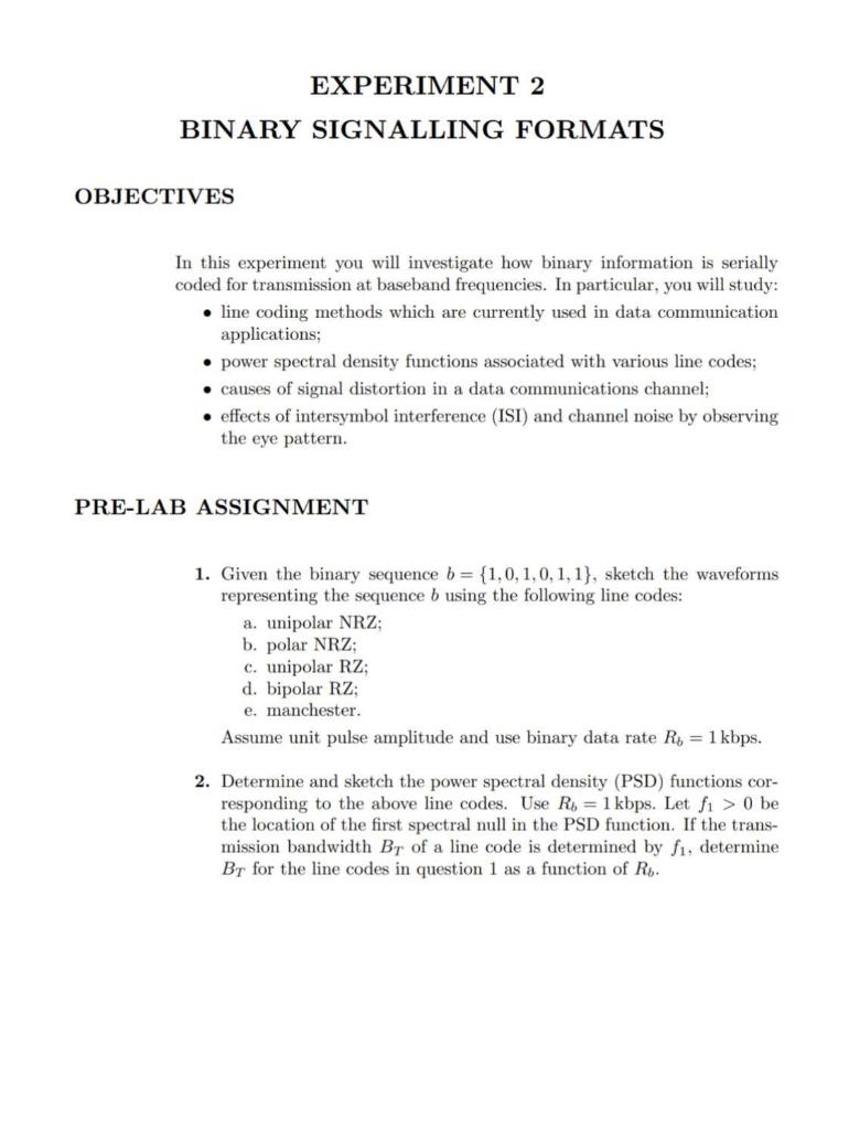 Experiment 2 Binary Signalling Formats Jectives In 