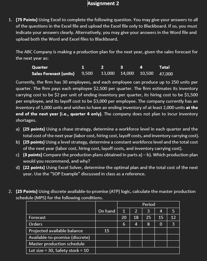 Solved Assignment 2(75 ﻿Points) ﻿Using Excel to complete the | Chegg.com