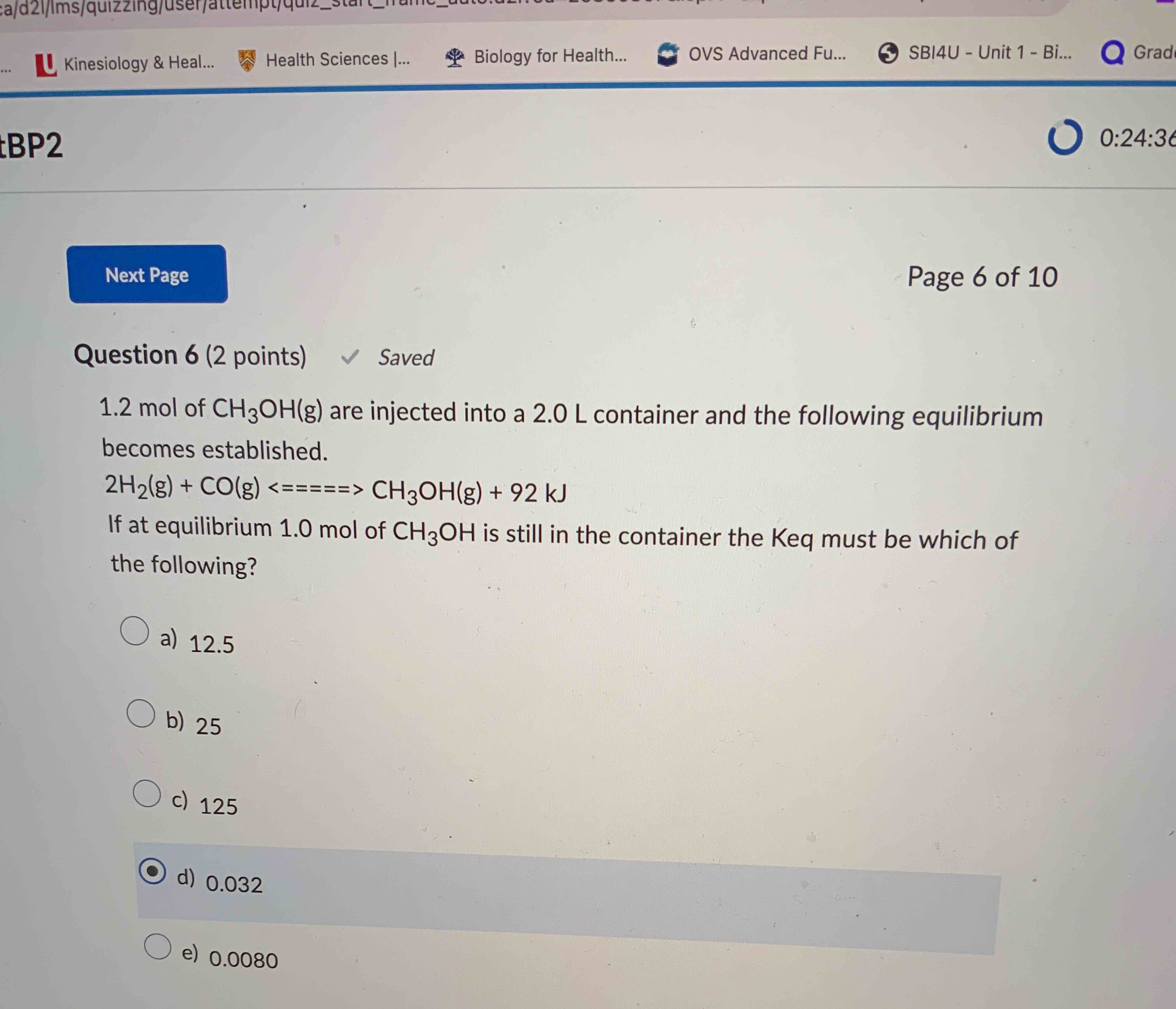 Question 6 (2 ﻿points)1.2 ﻿mol of CH3OH(g) ﻿are | Chegg.com