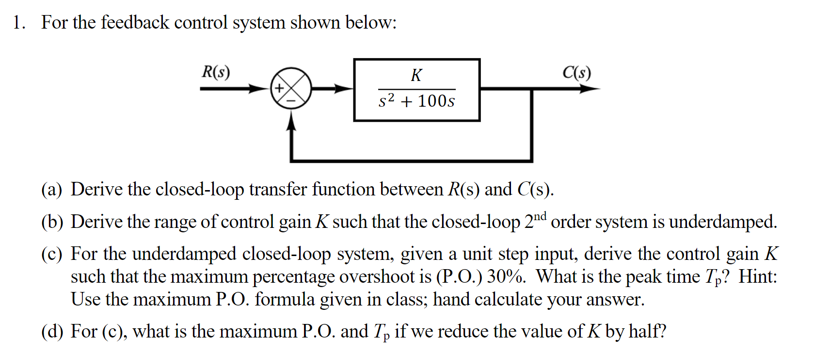 Solved 1. For the feedback control system shown below: R(s) | Chegg.com
