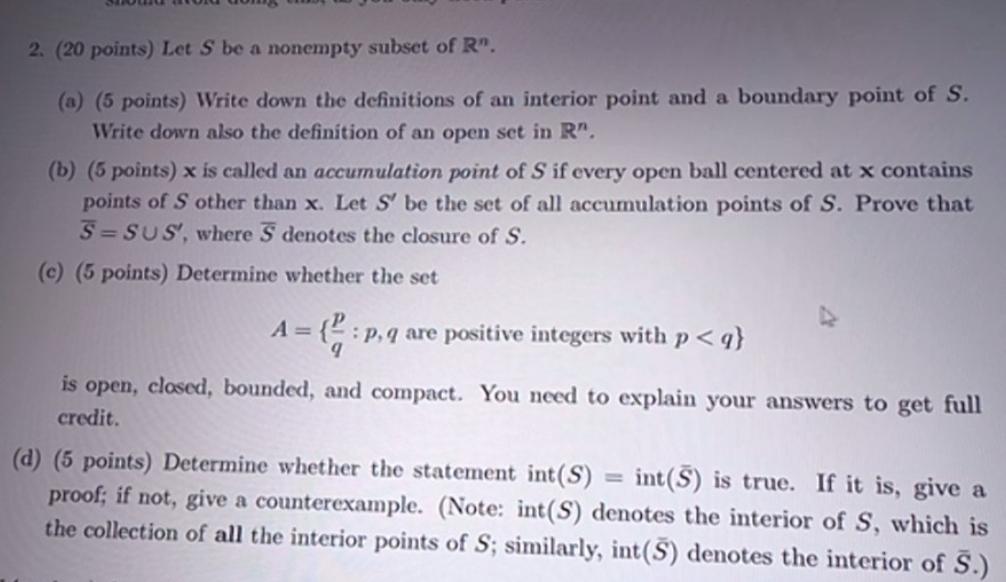 Solved 2. (20 points) Let S be a nonempty subset of R". (a) | Chegg.com